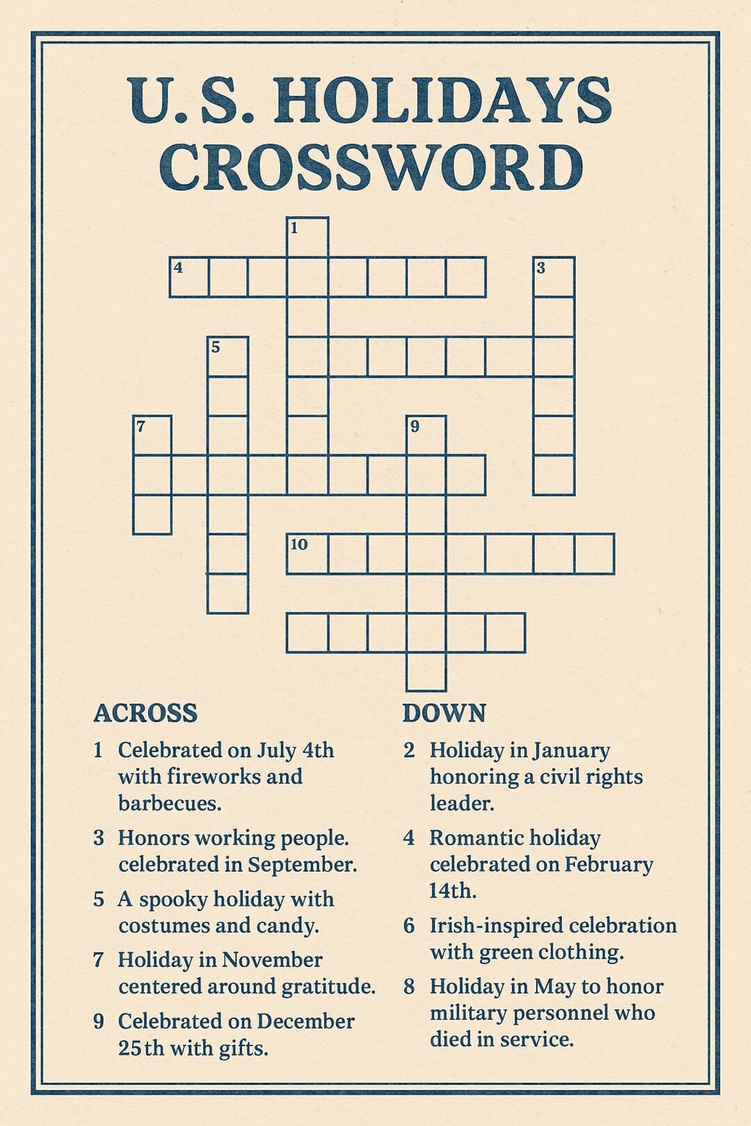 US Holidays Crossword Puzzle | Printable Vintage Game | American ...