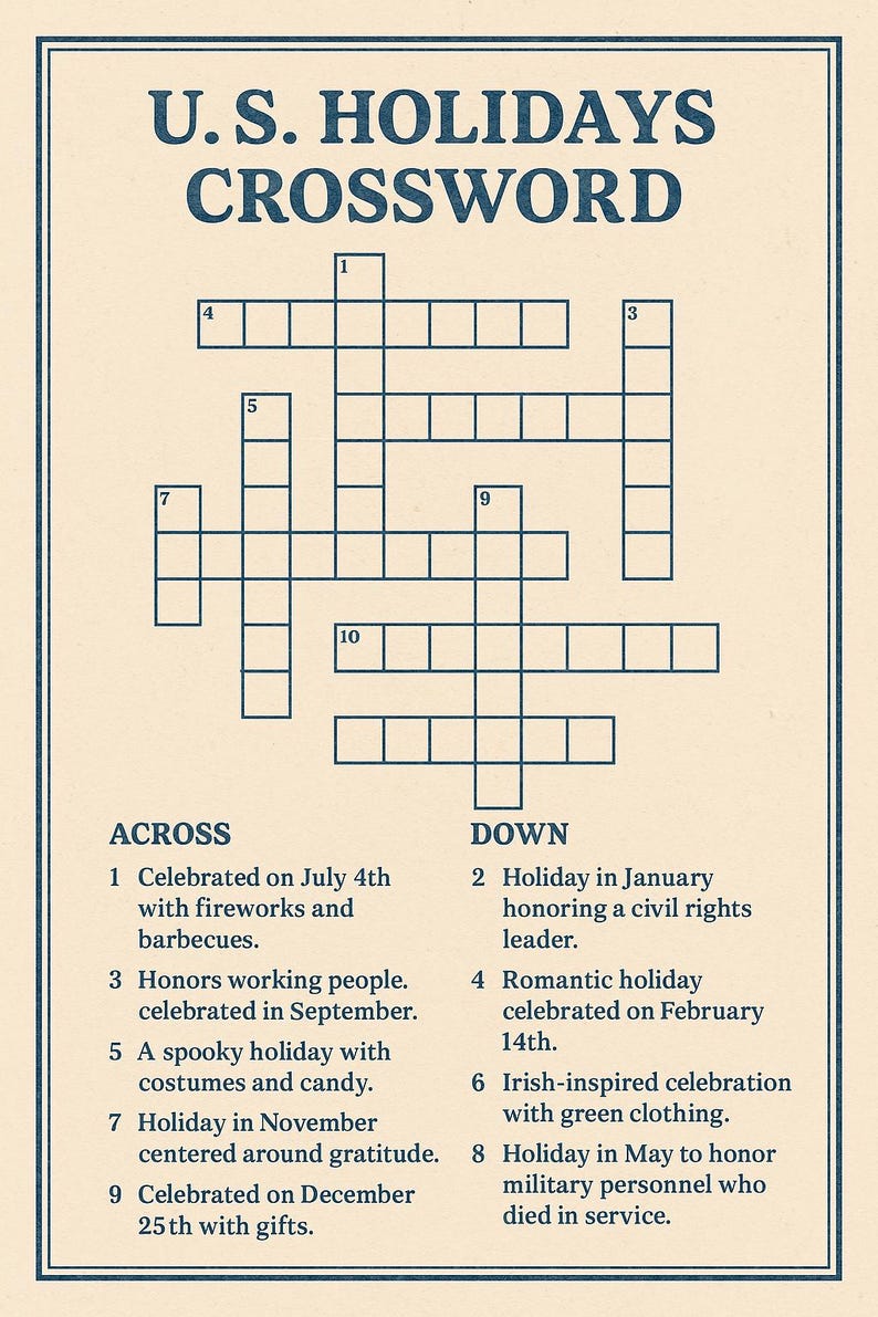 US Holidays Crossword Puzzle | Printable Vintage Game | American ...
