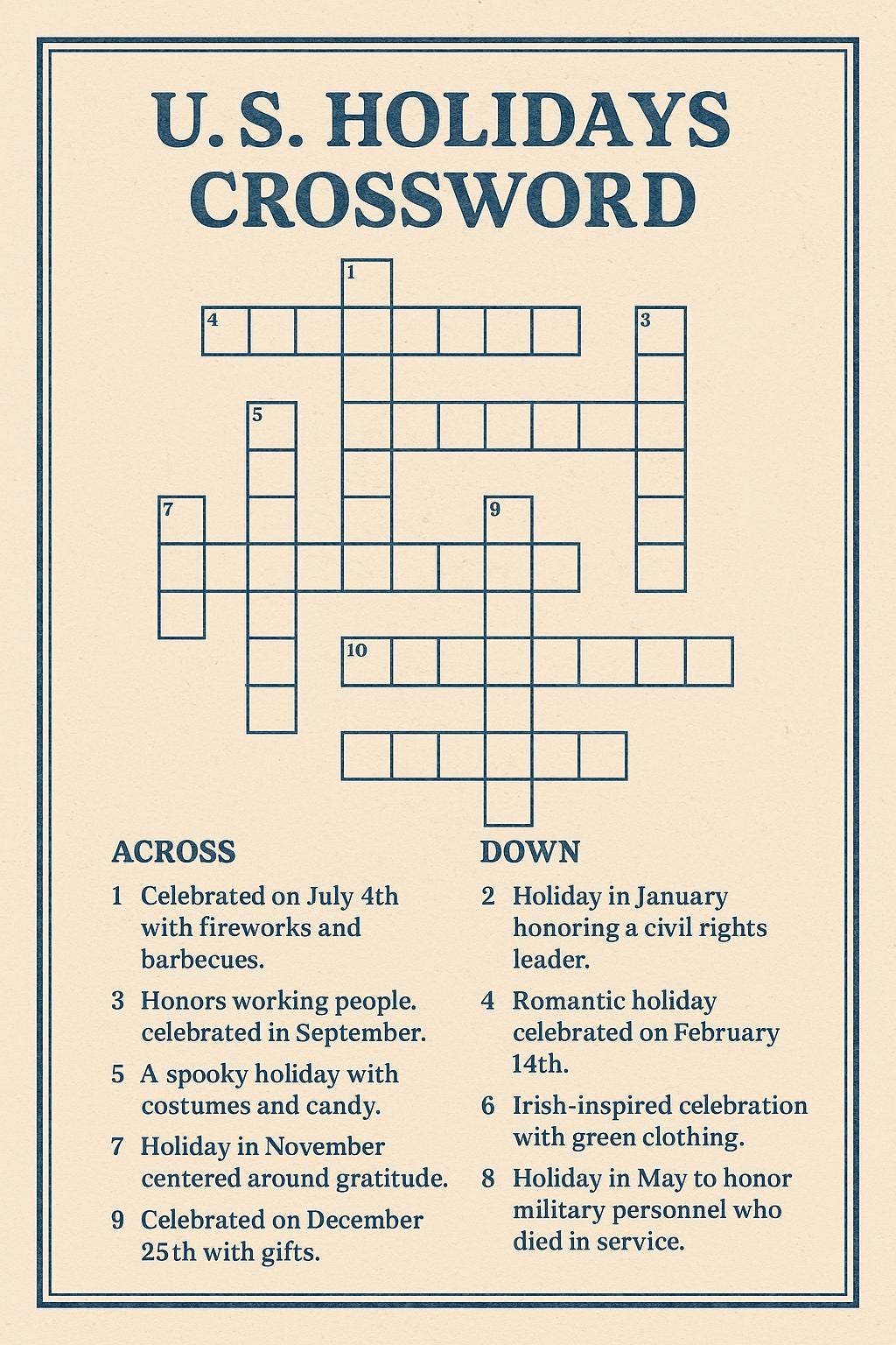 US Holidays Crossword Puzzle | Printable Vintage Game | American ...
