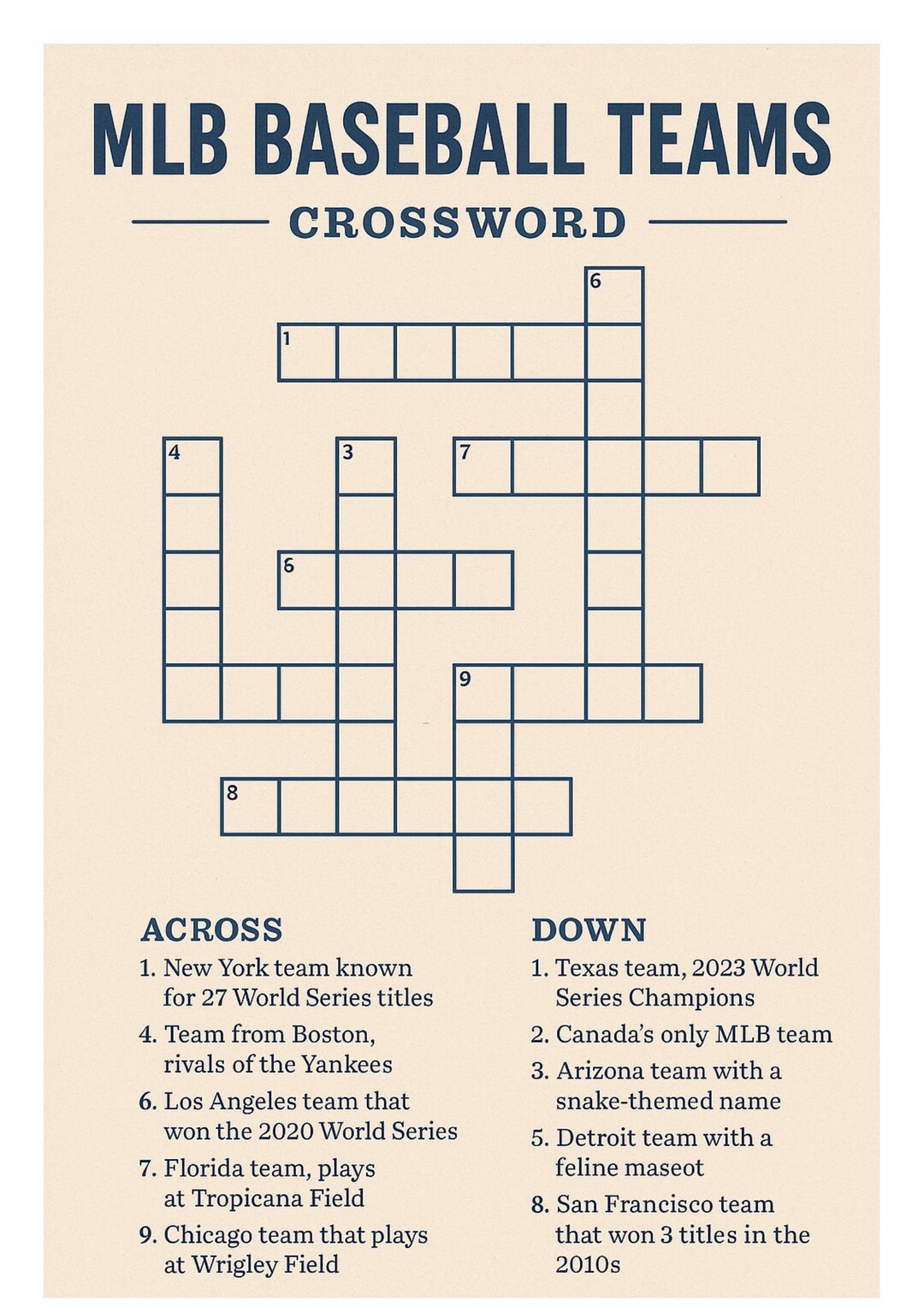 MLB Baseball Teams Crossword Puzzle – Printable Vintage-style Game ...
