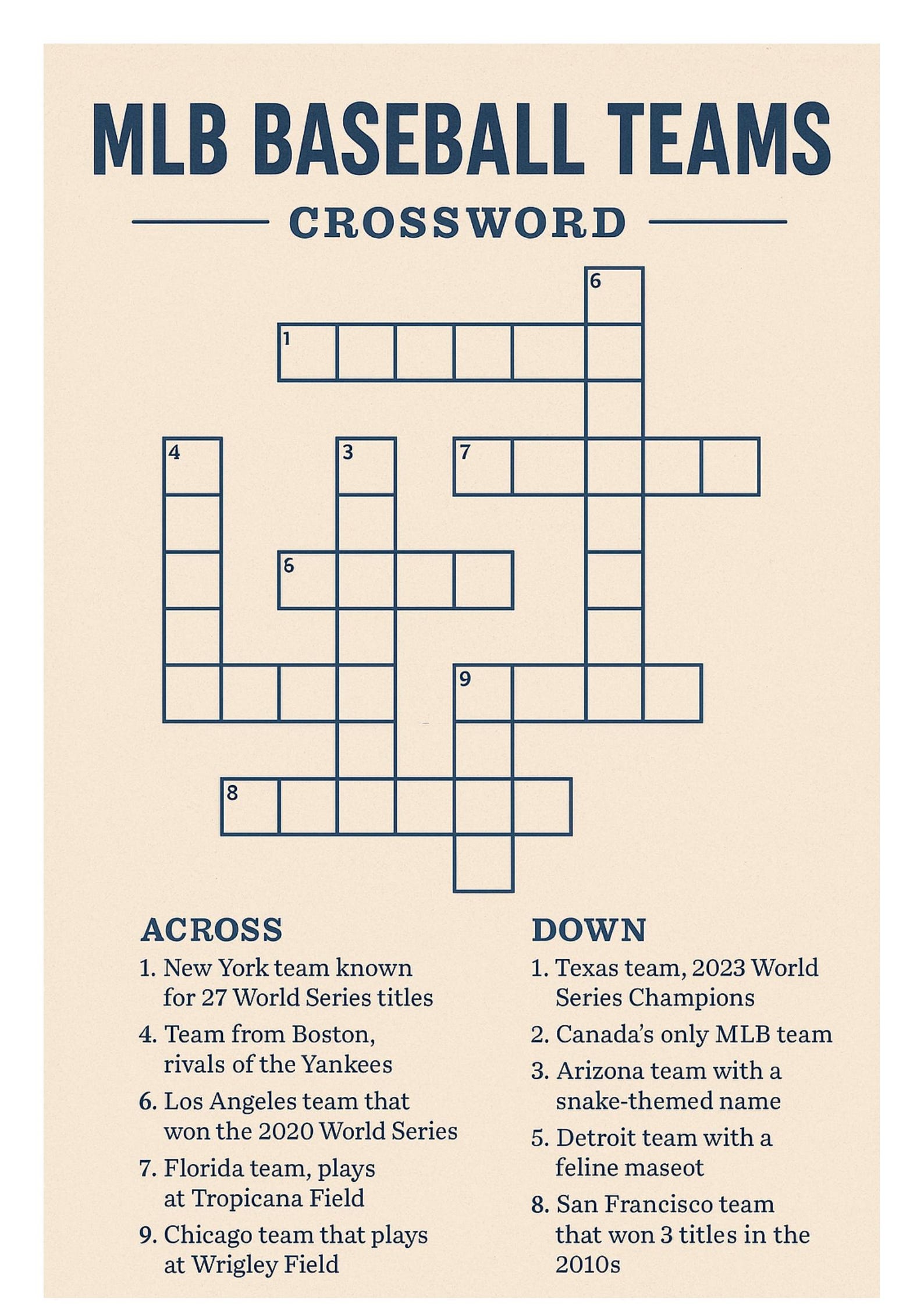 MLB Baseball Teams Crossword Puzzle – Printable Vintage-style Game ...