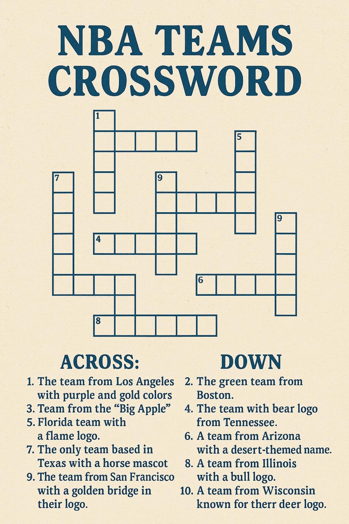 NBA Teams Crossword Puzzle Printable | Vintage Sports Game | Basketball ...