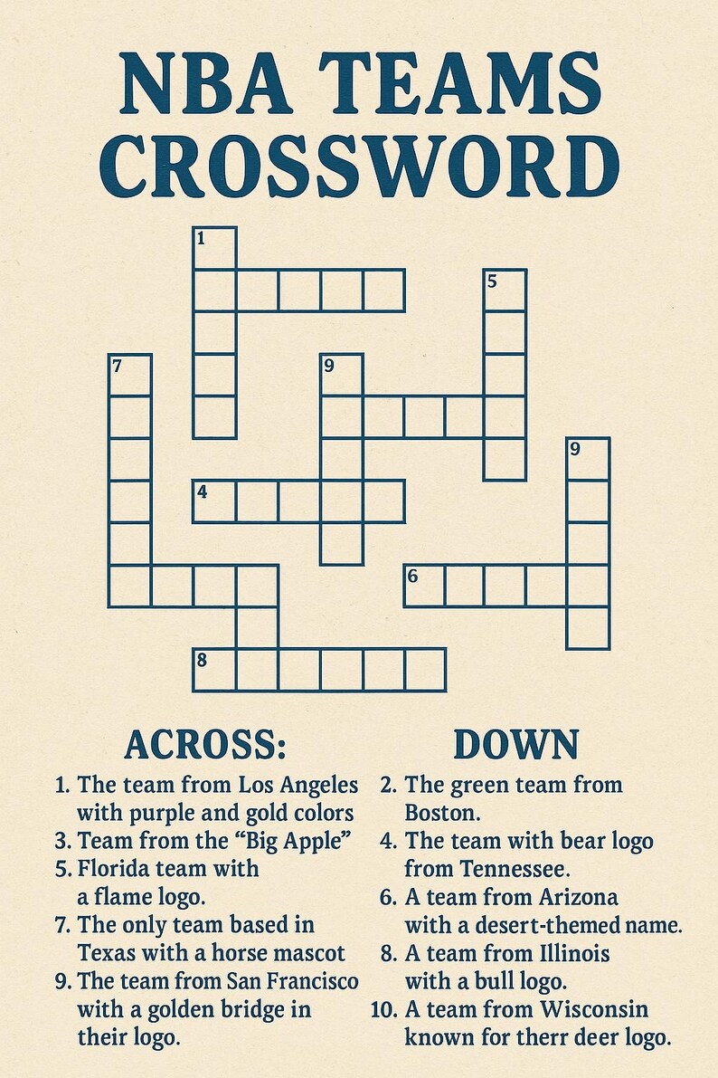 NBA Teams Crossword Puzzle Printable | Vintage Sports Game | Basketball ...