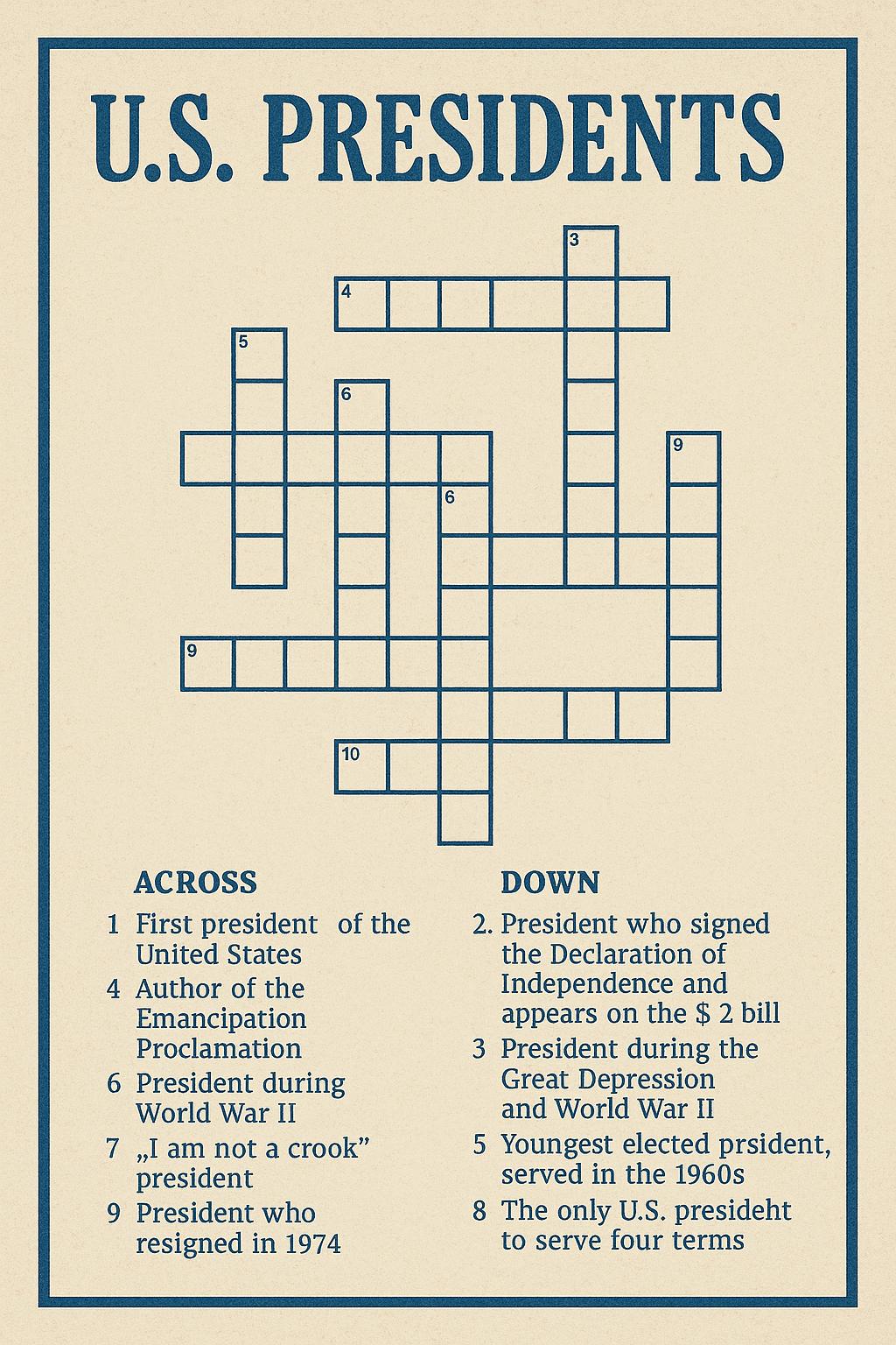US Presidents Crossword Puzzle – Printable Educational Game | Vintage ...