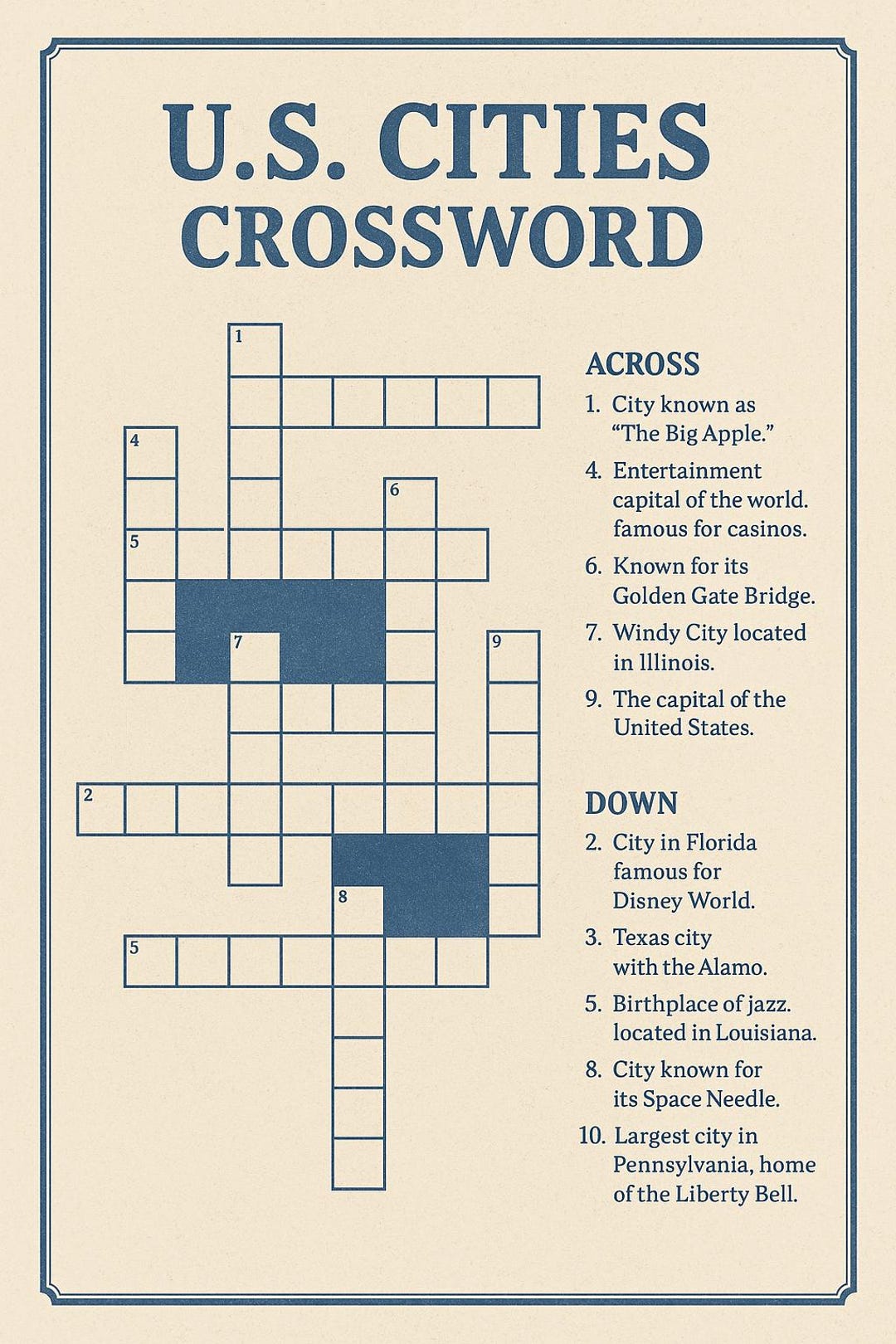 US Cities Crossword Puzzle | Vintage Printable Game | American ...