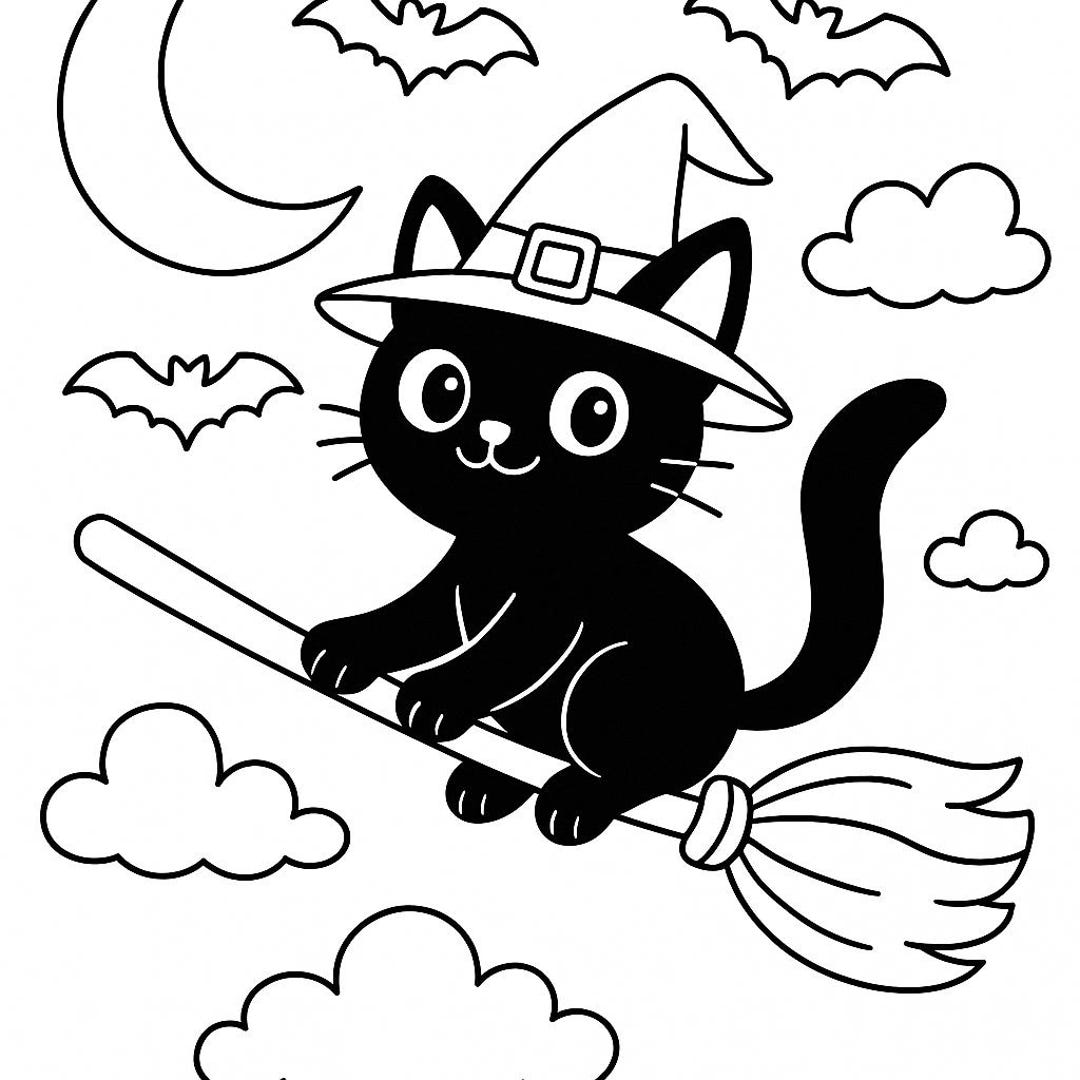Flying Black Cat Halloween Coloring Page | Printable Cute Witch Cat ...