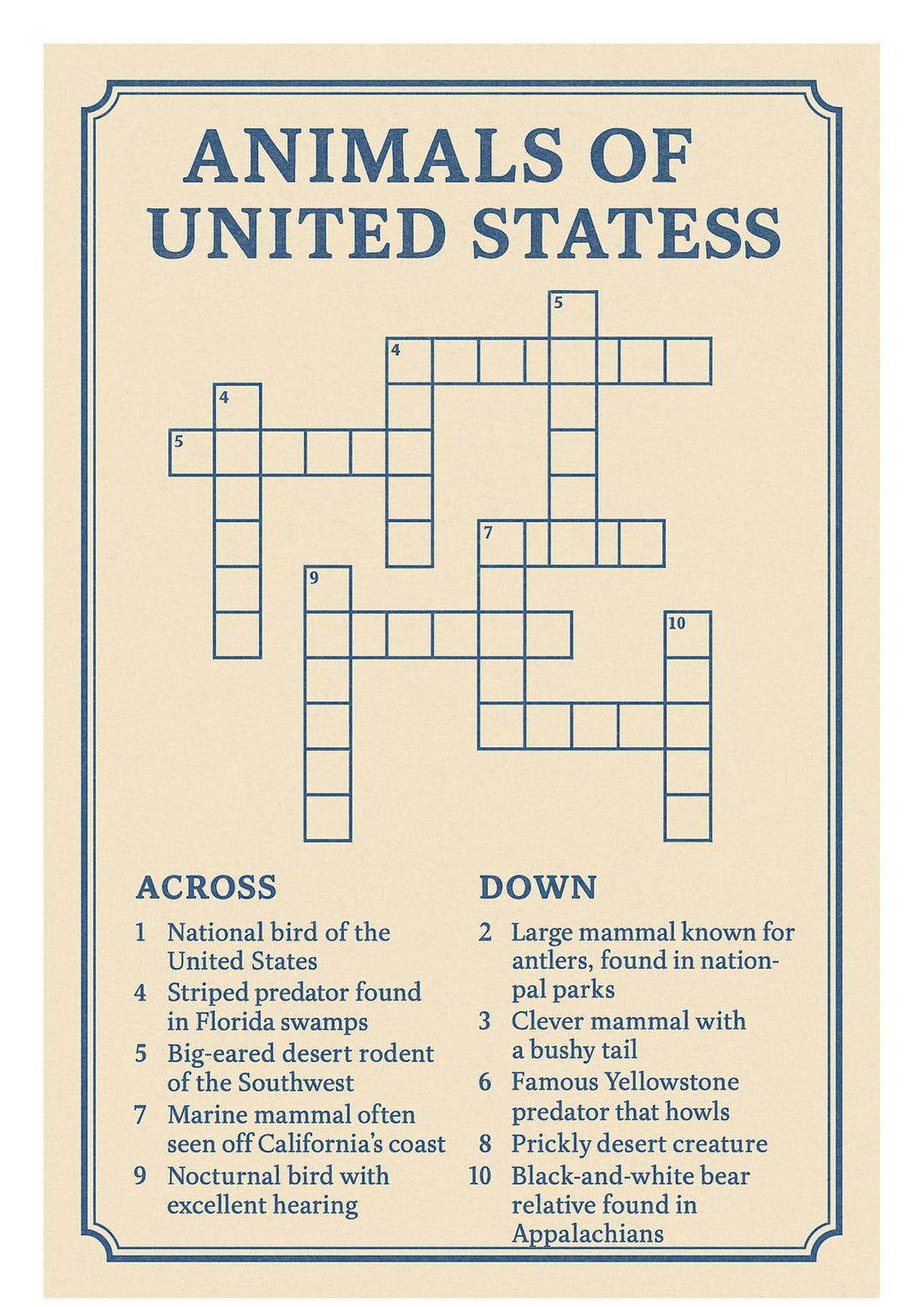 US Animals Crossword Puzzle – Educational Printable Game | Vintage ...