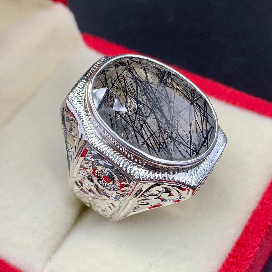 Handcrafted Natural Muhe Najaf Stone Ring, Black Rutiliated Quartz 925 ...