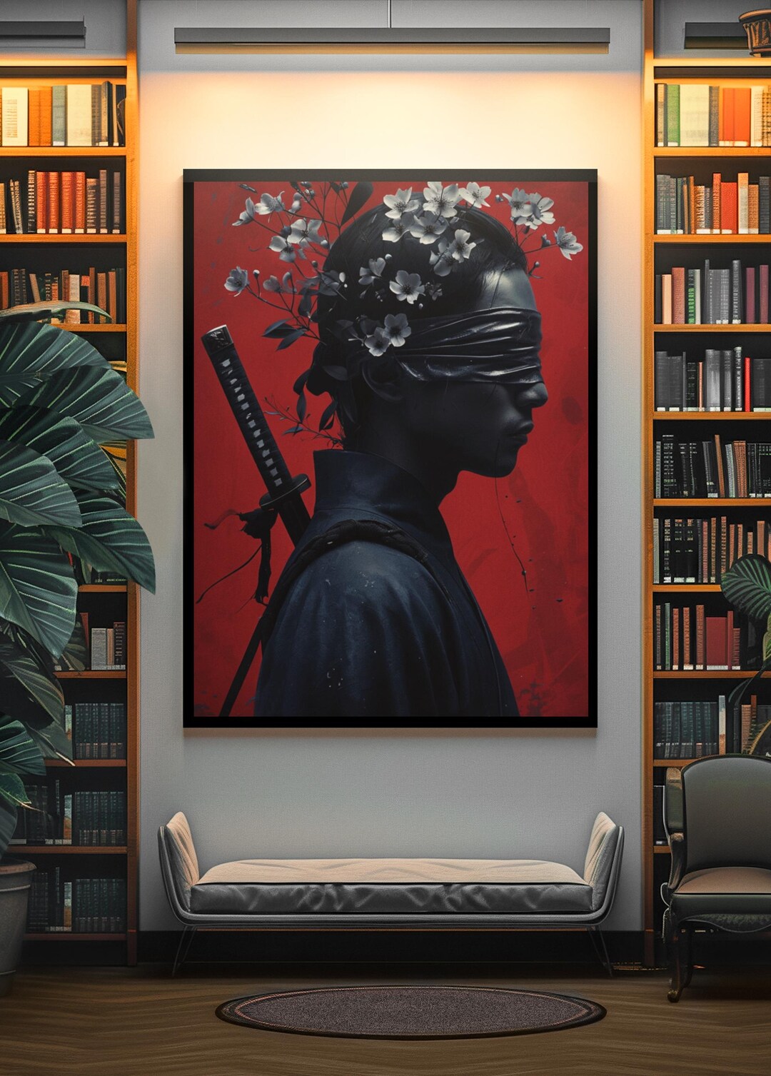 Samurai Wall Art Print | Floral Blindfold Warrior Poster | Red and ...