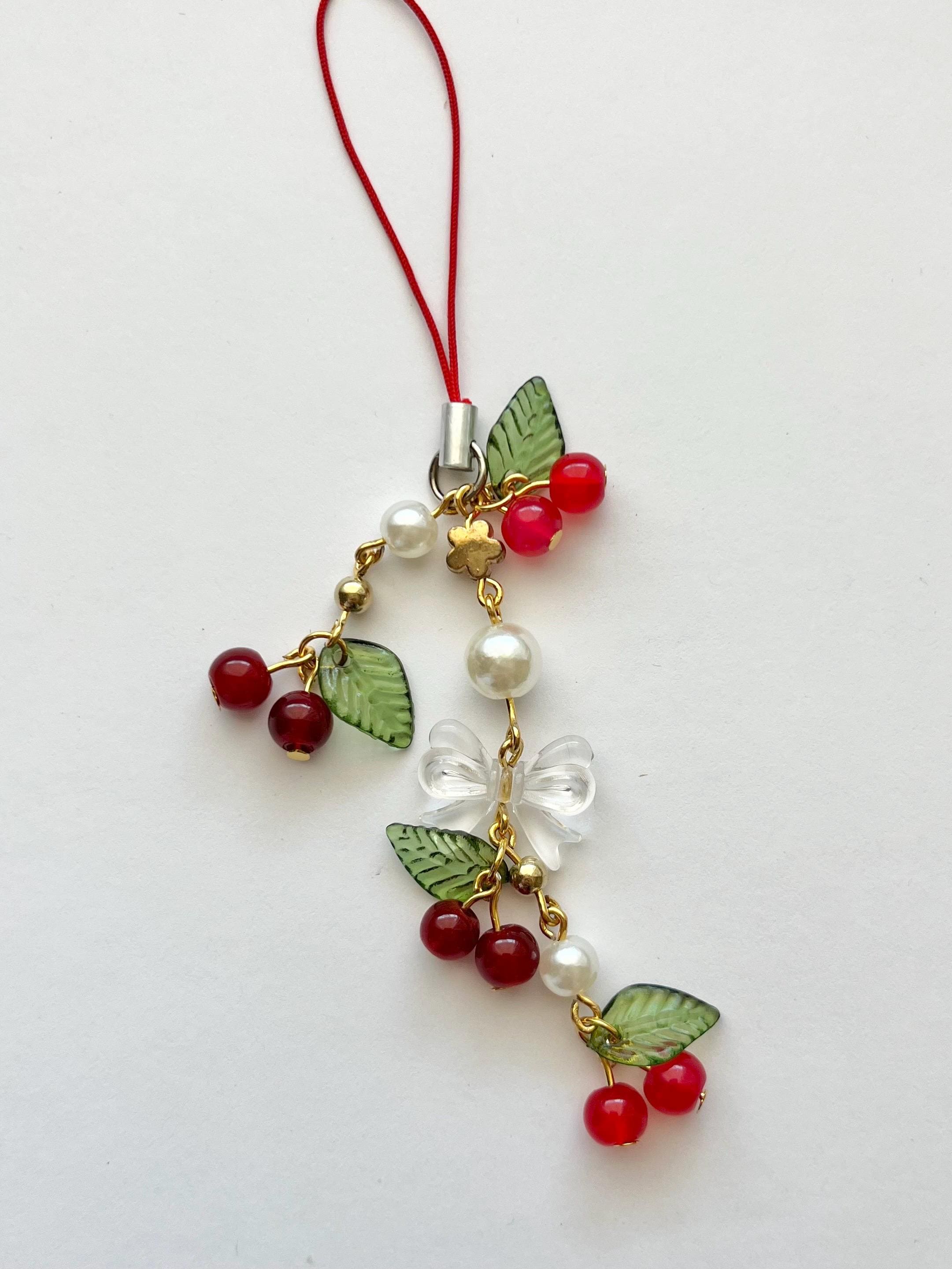 Phone Charm Handmade Cherry Fruit Themed - Red Gold Coquette Trendy ...