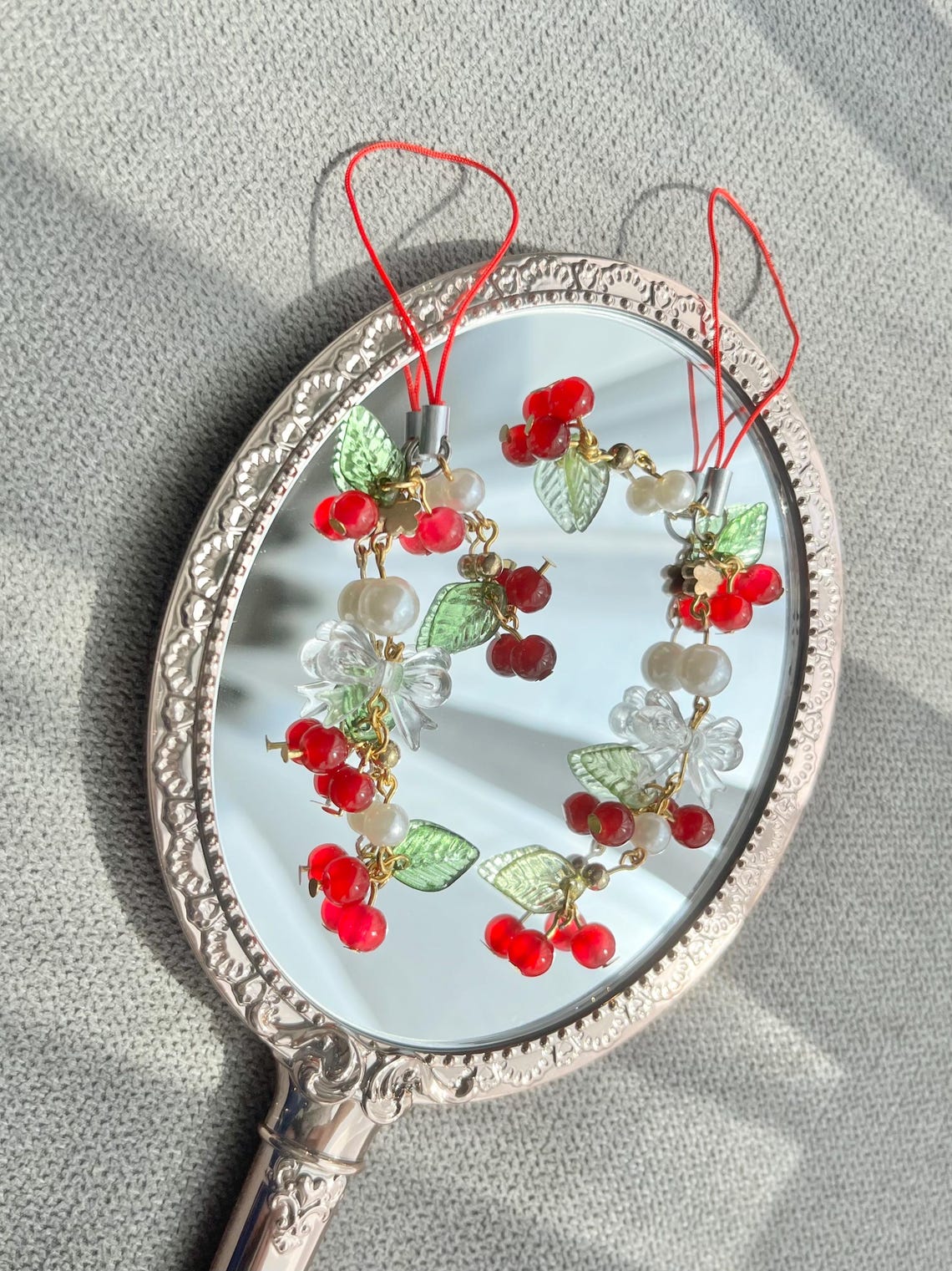 Phone Charm Handmade Cherry Fruit Themed - Red Gold Coquette Trendy ...