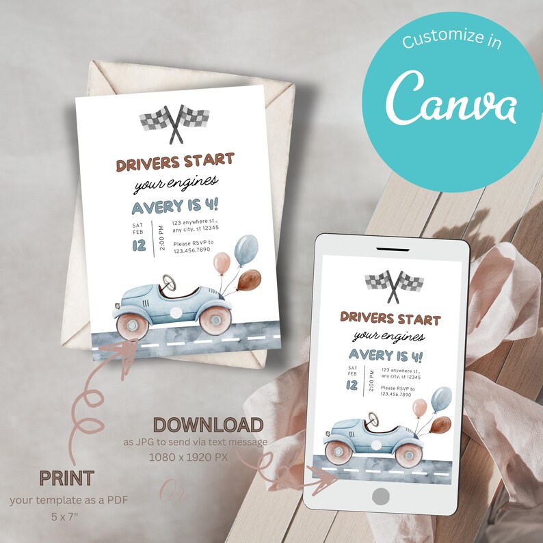 Racing Car Boys Birthday Invitation, Editable Racing Car Template ...