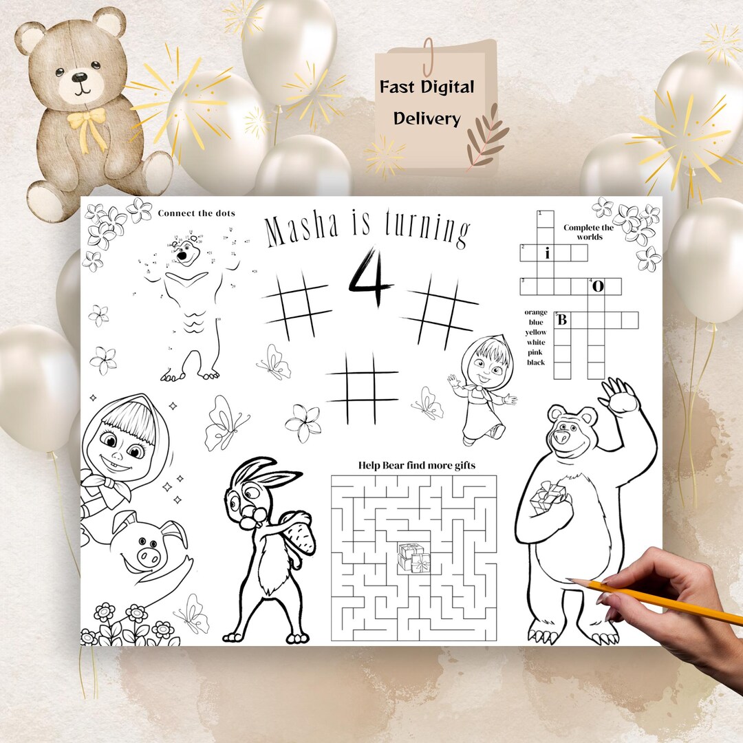 Three Masha and Bear Activity Placemat, Masha and Bear Placemat,three ...