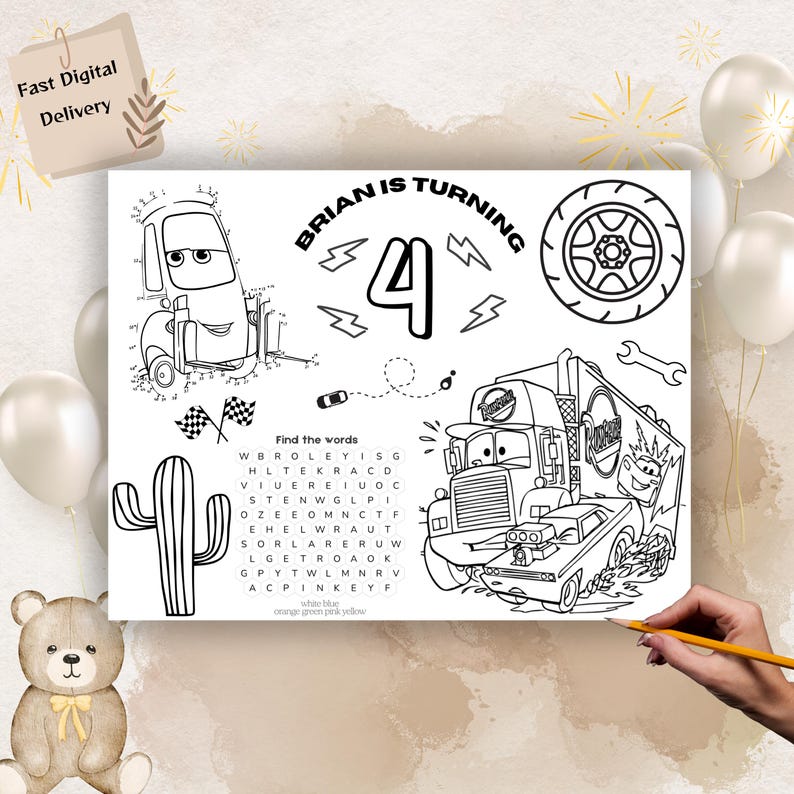 Three Cars Activity Placemat, Mcqueen Placemat, Three Coloring Page ...