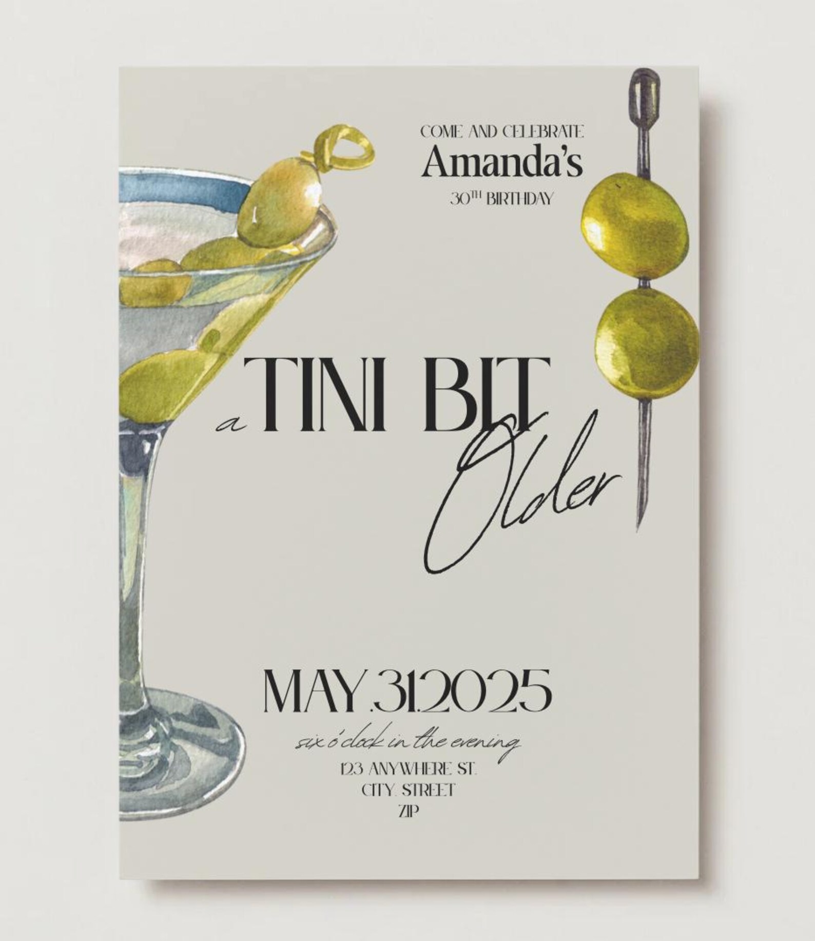 Green "a Tini Bit Older" Martini Birthday Invite Template | Editable ...
