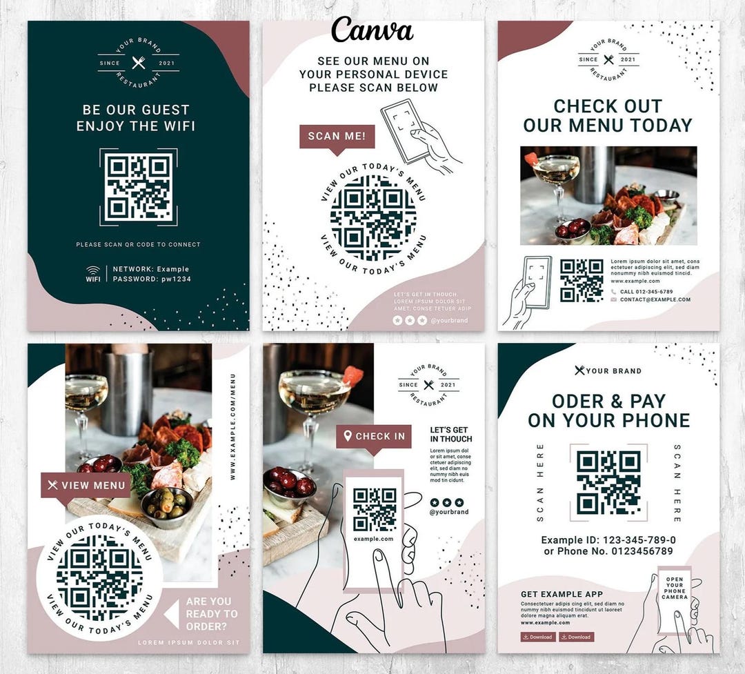 Restaurant QR Code Menu & Wifi Flyer Templates for Canva - Customizable ...