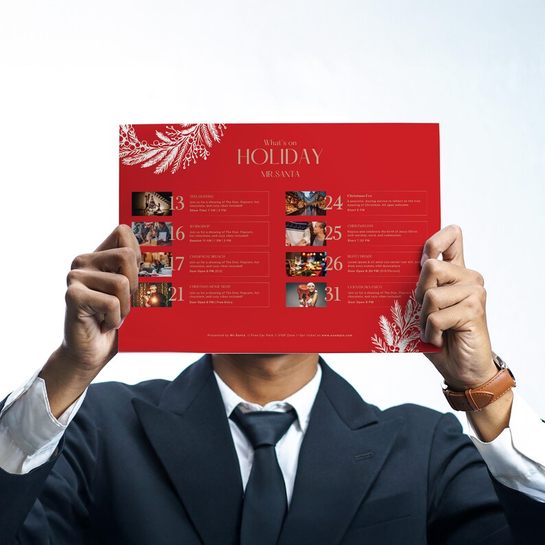 Christmas Event Calendar Template: Elegant Red & White Festive Planner ...