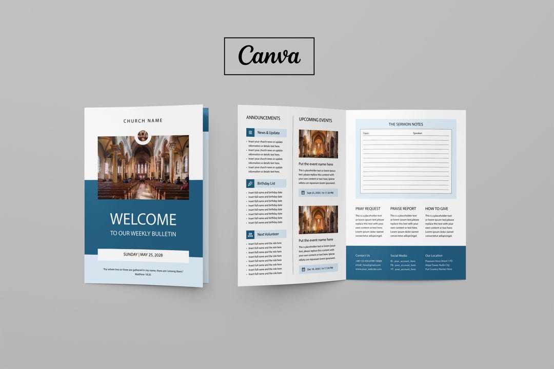 Tri-fold Church Bulletin Template: Editable Weekly Service Flyer (canva ...