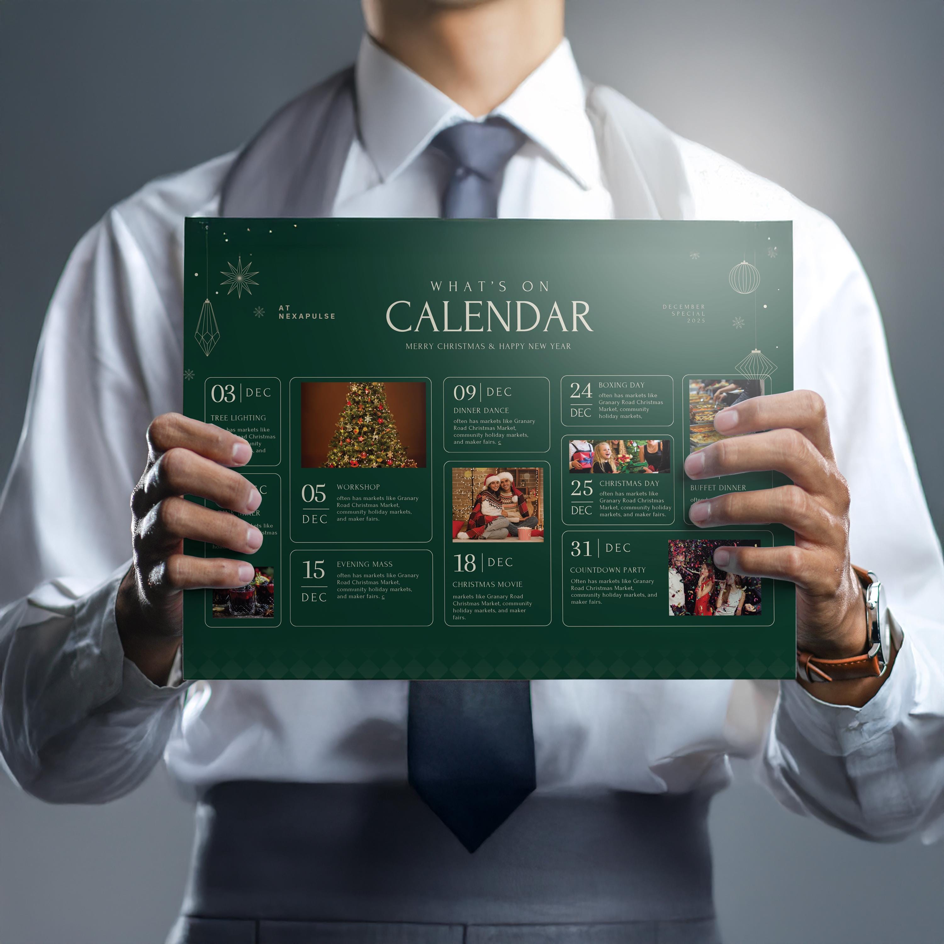Christmas Event Calendar Template: Gold & Green Canva A4 (digital ...