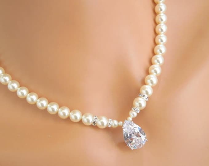 Pearl Bridal Necklace, Wedding Pearl Necklace, Rhinestone Necklace ...