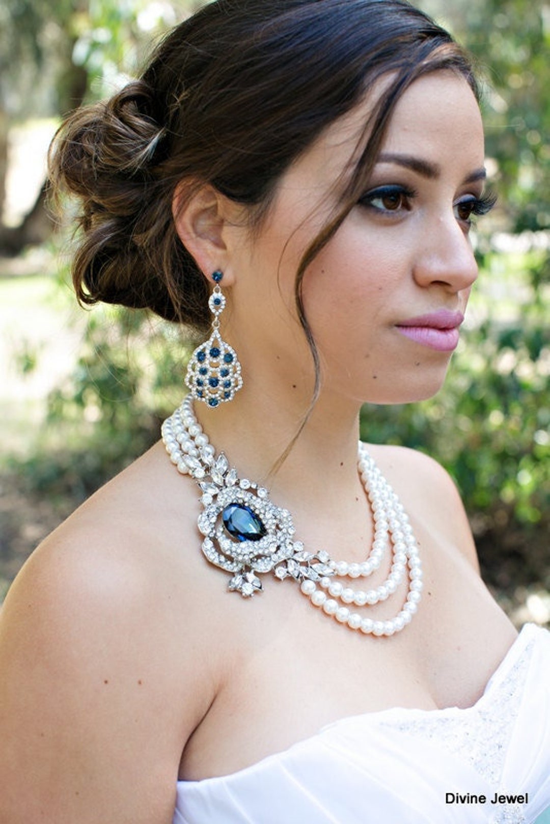 Bridal Pearl Necklace for Bride, Something Blue Rhinestone Brooch ...