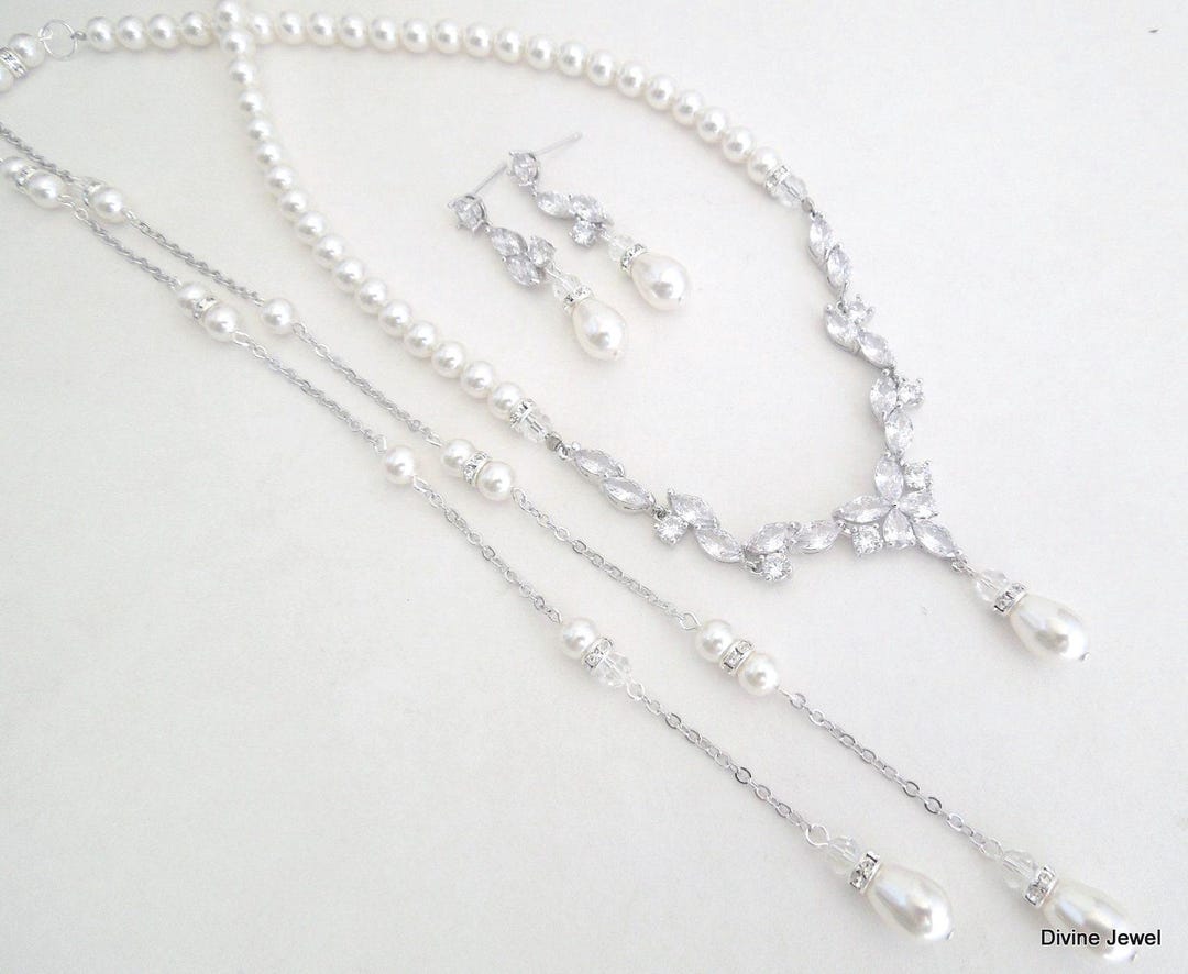 Cubic Zirconia & Ivory Pearl Bridal Necklace Set With Backdrop, Wedding ...