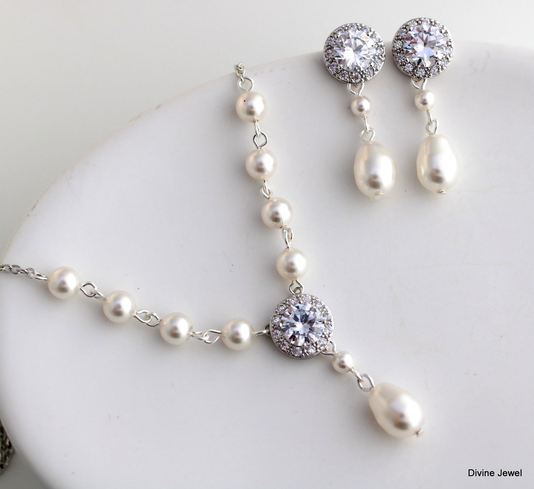 Cream Pearl Bridal Jewelry Set: Cubic Zirconia Necklace and Earrings ...