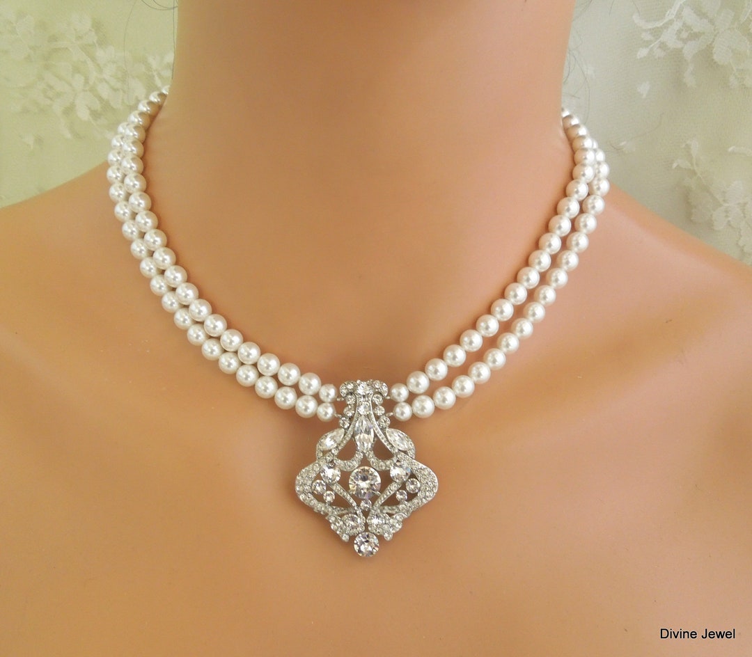 Pearl and Rhinestone Necklace, Wedding Bridal Jewelry Statement ...