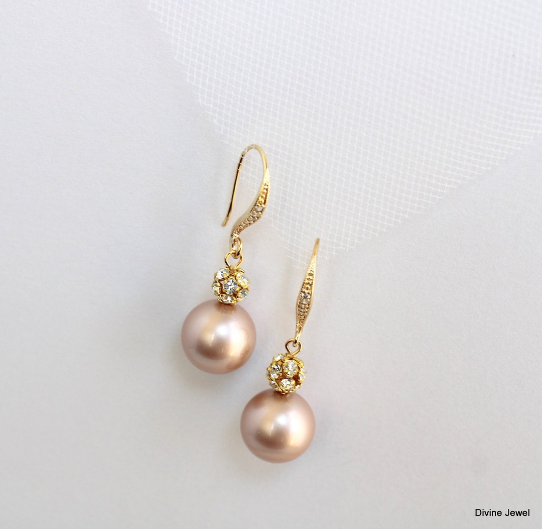 Gold Pearl Drop Earrings: Rhinestone Bridal Dangle, Champagne Pearls ...