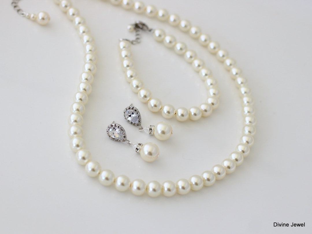 Wedding Pearl Necklace Set, Bridal Jewelry Set, Bridesmaid Pearl Set ...
