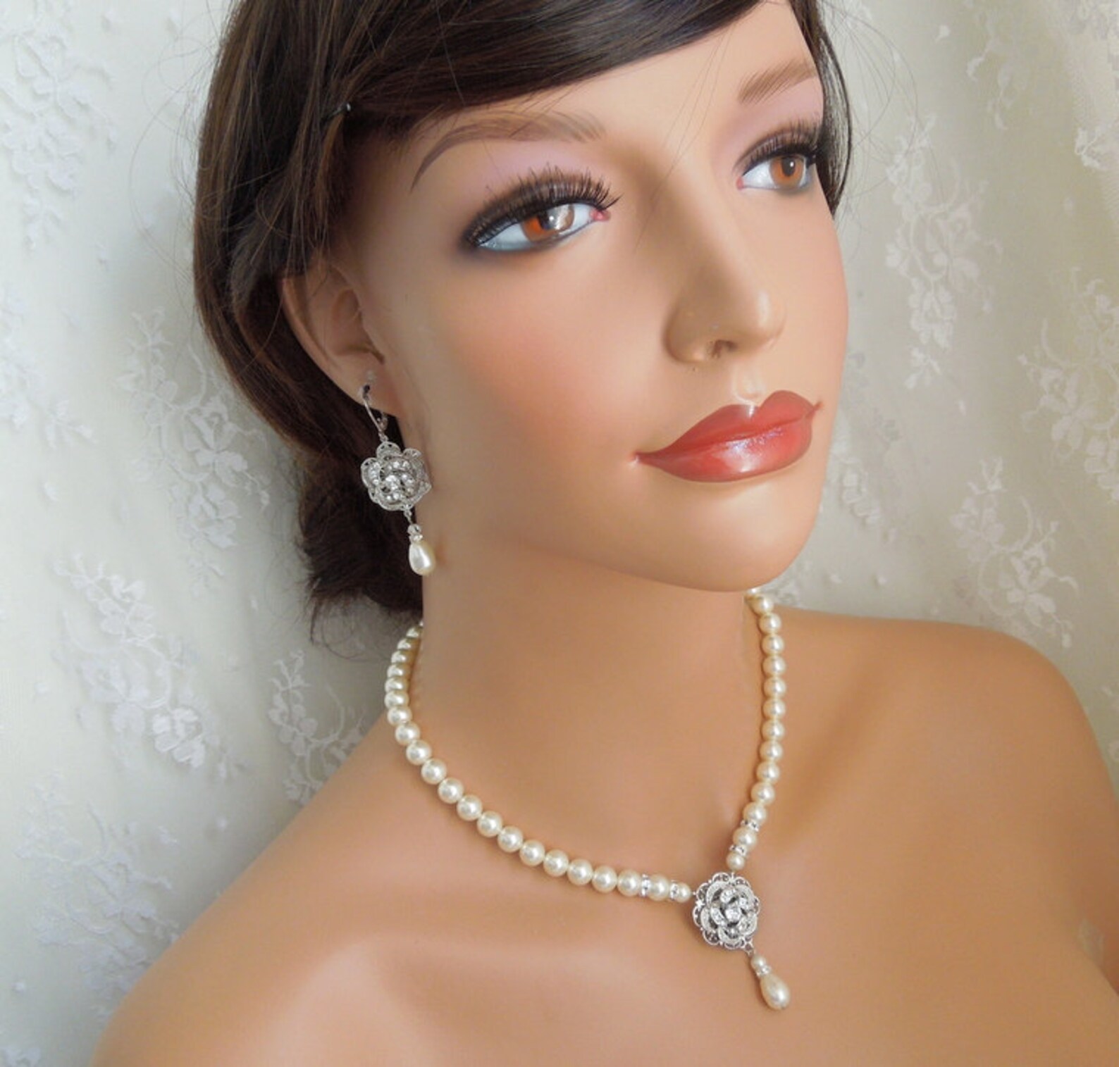 Bridal Pearl Necklace Pearl Necklace Wedding Rhinestone Etsy