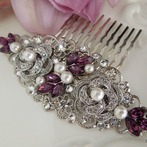 Purple Wedding Comb Purple Crystal Headpiece Pearl Bridal - Etsy
