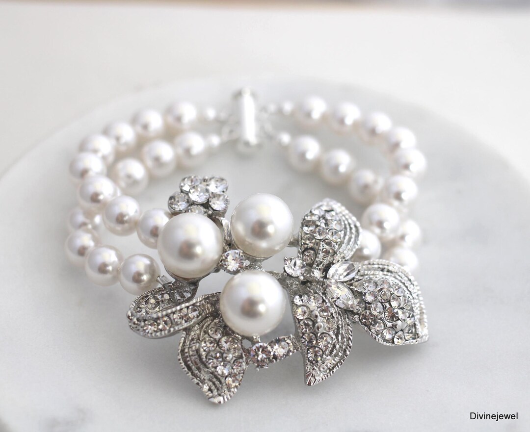 Bridal Pearl Bracelet, Wedding Rhinestone Bracelet, Pearl Bracelet ...