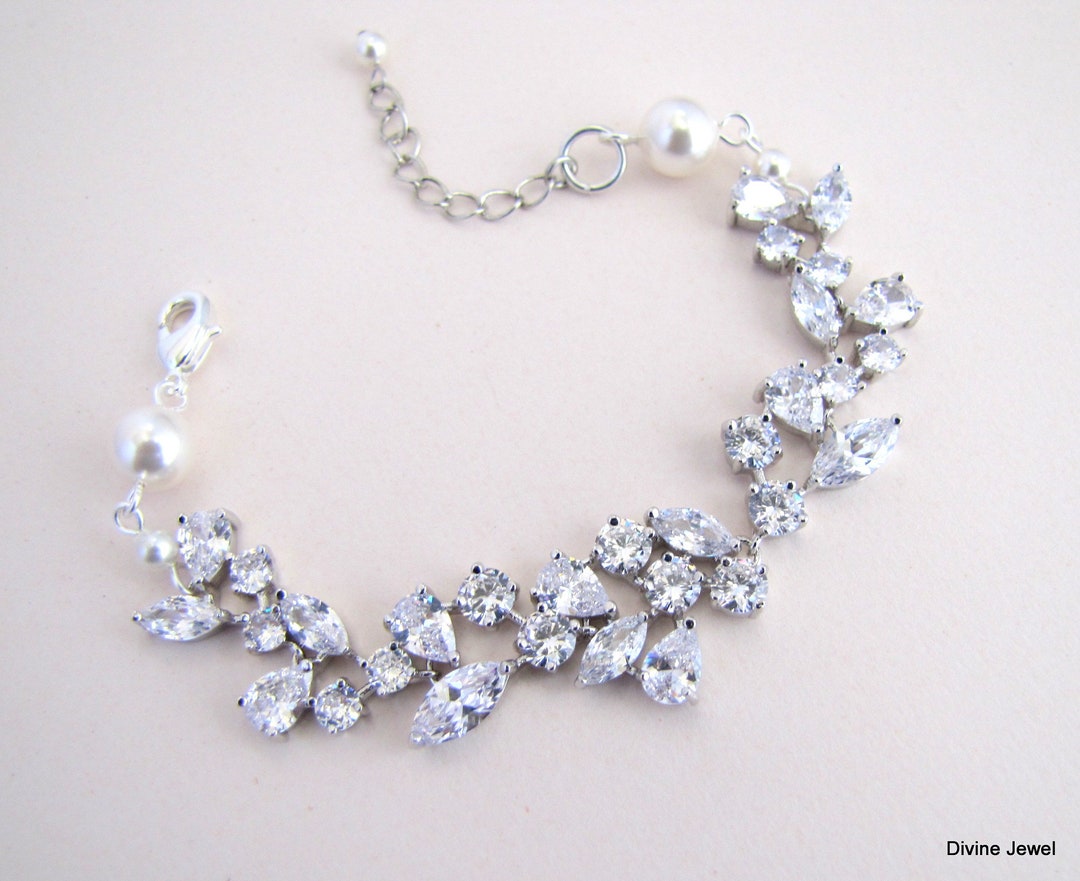 Crystal Bridal Bracelet, Wedding Rhinestone Bracelet, Pearl Bridal ...