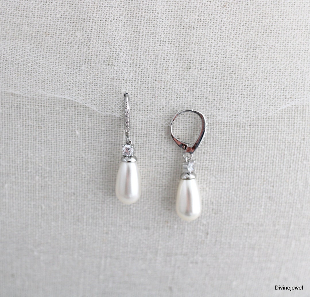Sterling Silver Teardrop Pearl Bridal Earrings: Cubic Zirconia ...