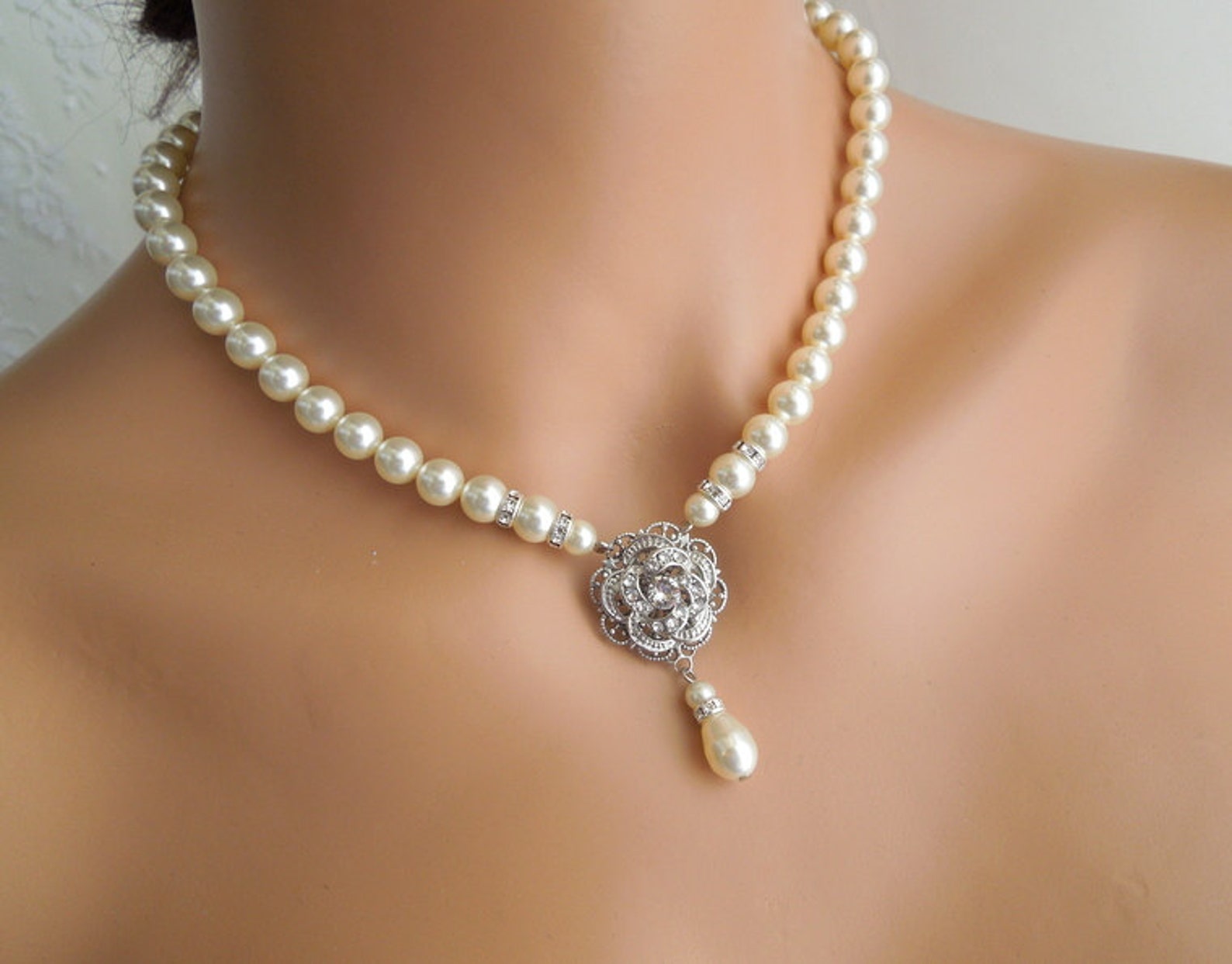 Bridal Pearl Necklace Pearl Necklace Wedding Rhinestone - Etsy