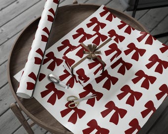 Red Bow & Greenery Wrapping Paper | Holiday Ribbon Pattern - Etsy