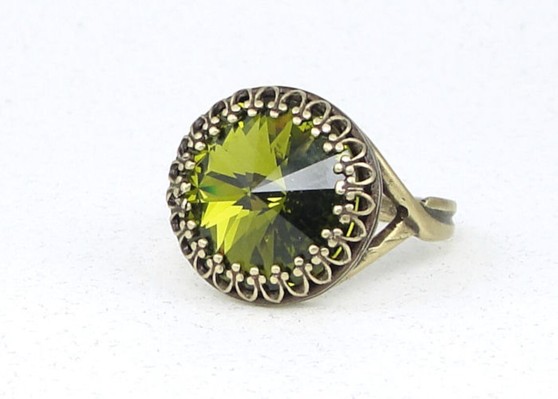 Custom Color or Olive Green Ring Antique Brass Cocktail Ring Adjustable ...