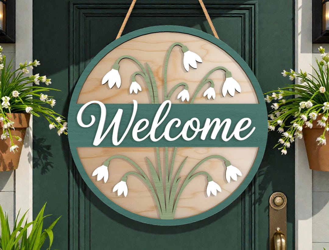 Snowdrop Welcome Sign Laser Cut File SVG, Spring Flower Round Door ...