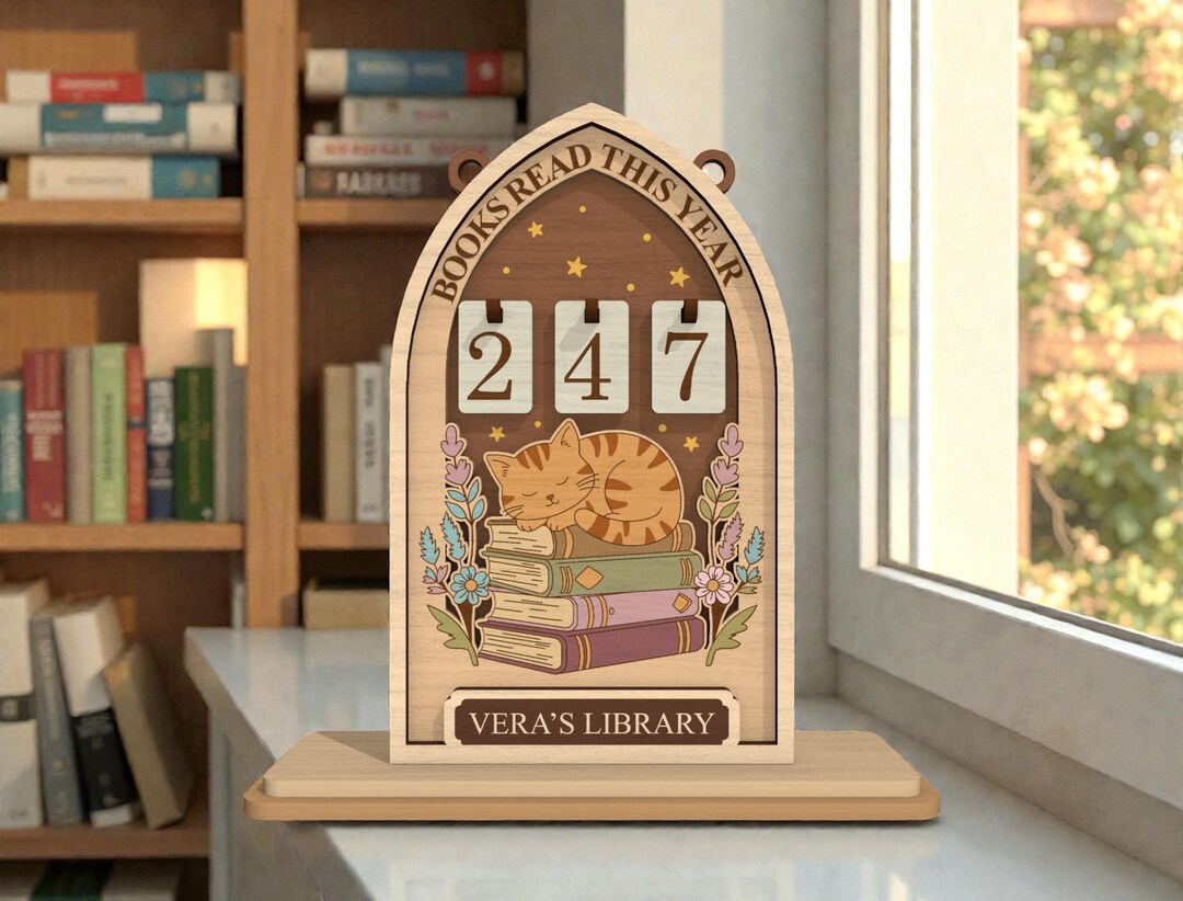 Reading Goal Counter Laser Cut File, Personalized Cat Bookshelf Tracker ...