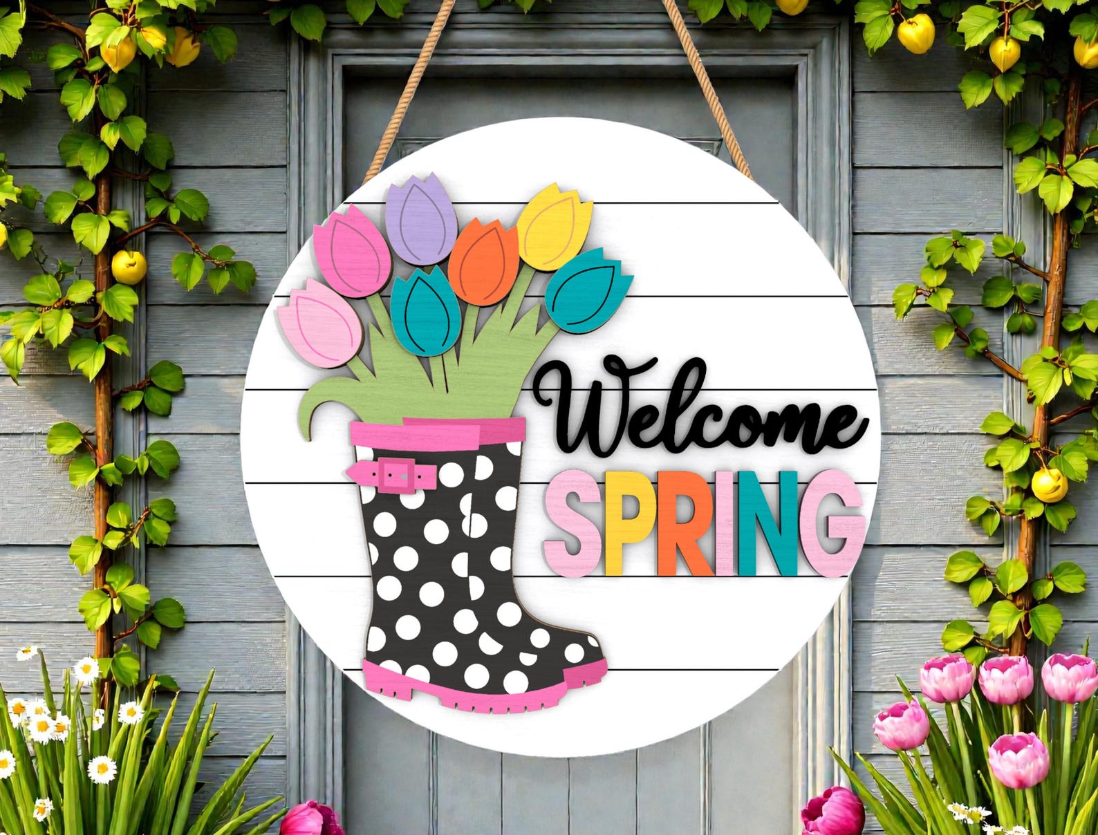 Welcome Spring Rain Boot Sign Laser Cut File, Tulip Flower Door Hanger ...
