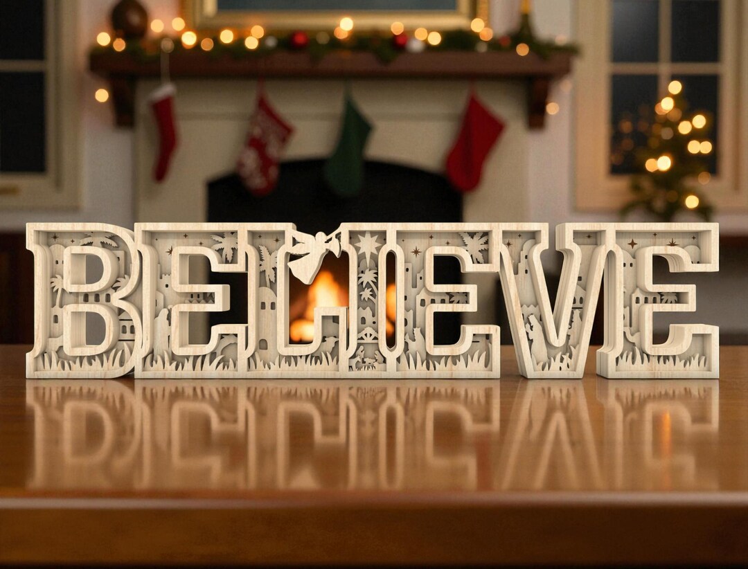 Believe Nativity Scene SVG, Layered Christmas Word Sign, 3D Laser Cut ...