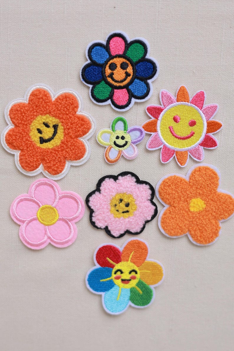 Smiley Face Flower Patches – Chenille Iron on Appliques for Clothes ...