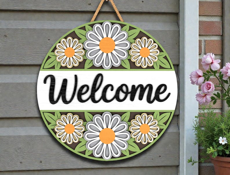 Daisy Welcome Sign SVG ,spring Door Hanger Laser File, 3D Layered ...