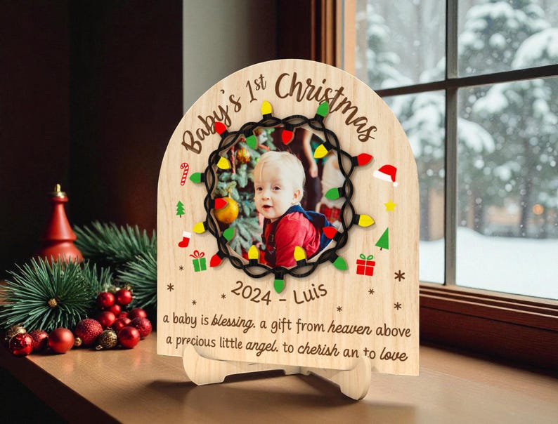 Baby’s First Christmas Photo Frame SVG, Personalized Newborn Holiday ...