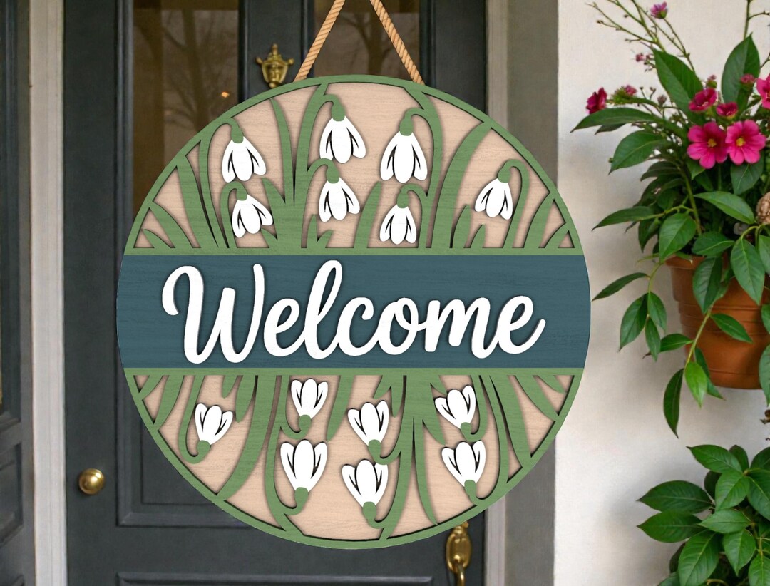 Snowdrop Welcome Round Sign SVG, Layered Flower Door Hanger Laser Cut ...