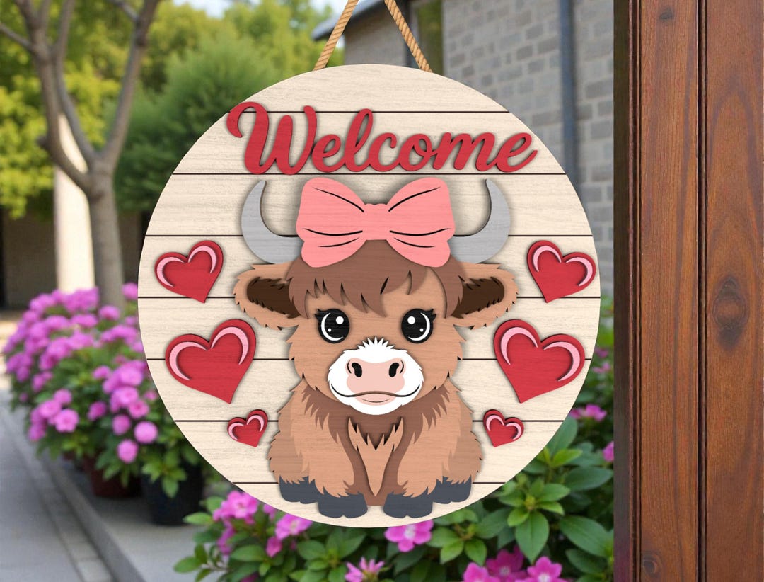 Cute Highland Cow Welcome Sign SVG, Layered Door Hanger Laser Cut File ...