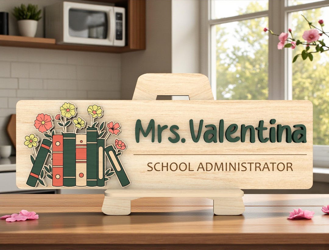 School Administrator Desk Name Plate SVG, Floral Books Office Sign ...