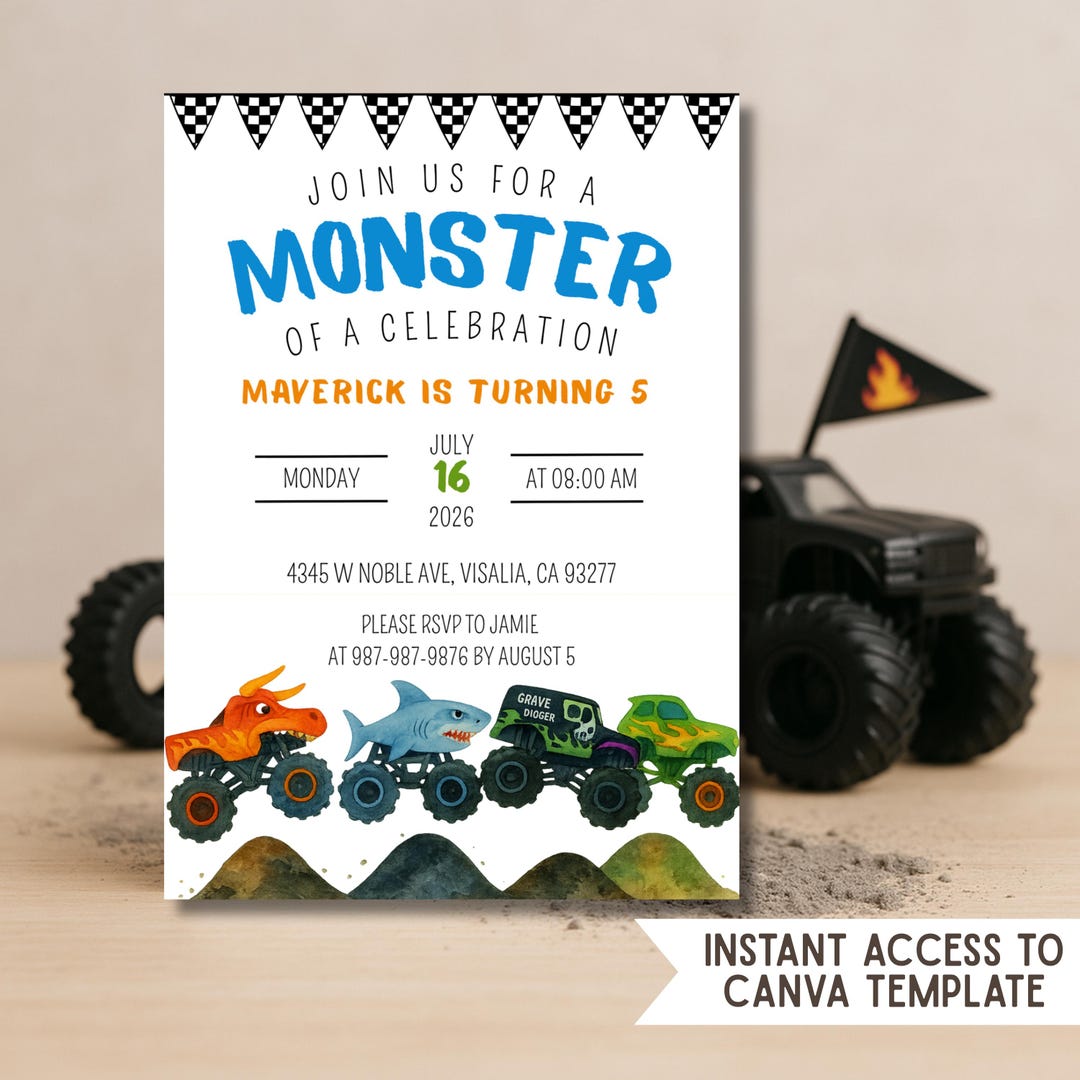 Invitación De Cumpleaños De Monster Truck / Invitación Editable Para ...