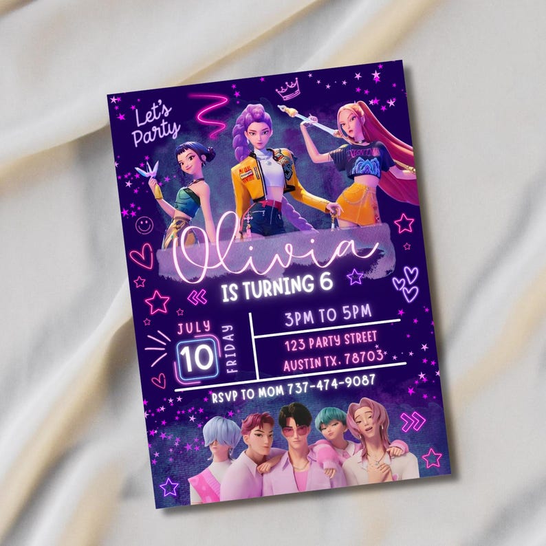 K-pop Demon Hunters Invitation | Canva Template | Neon Party Invite ...